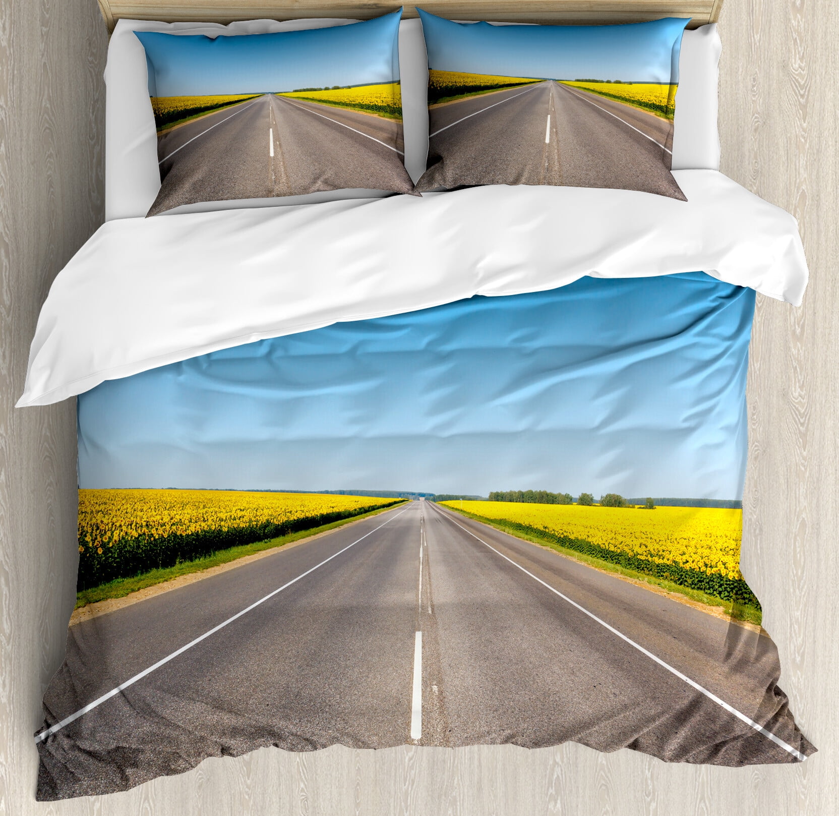 Yellow and Blue Duvet Cover Set, Roadme Highway with Sunflower Field ...