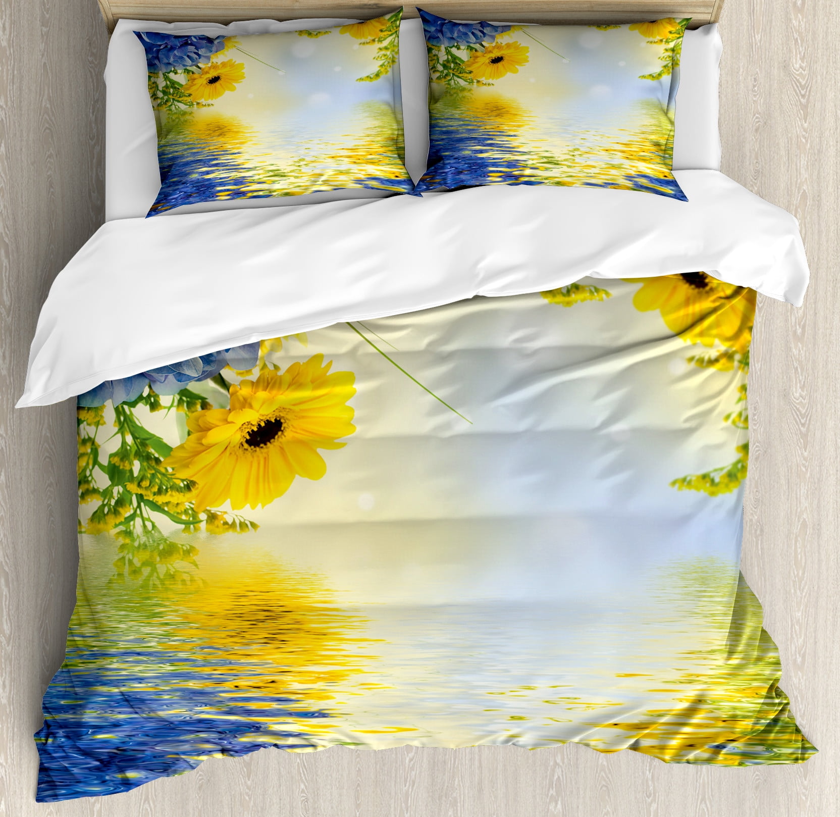 Yellow and Blue Duvet Cover Set, Romantic Bouquet of Hydrangeas and ...