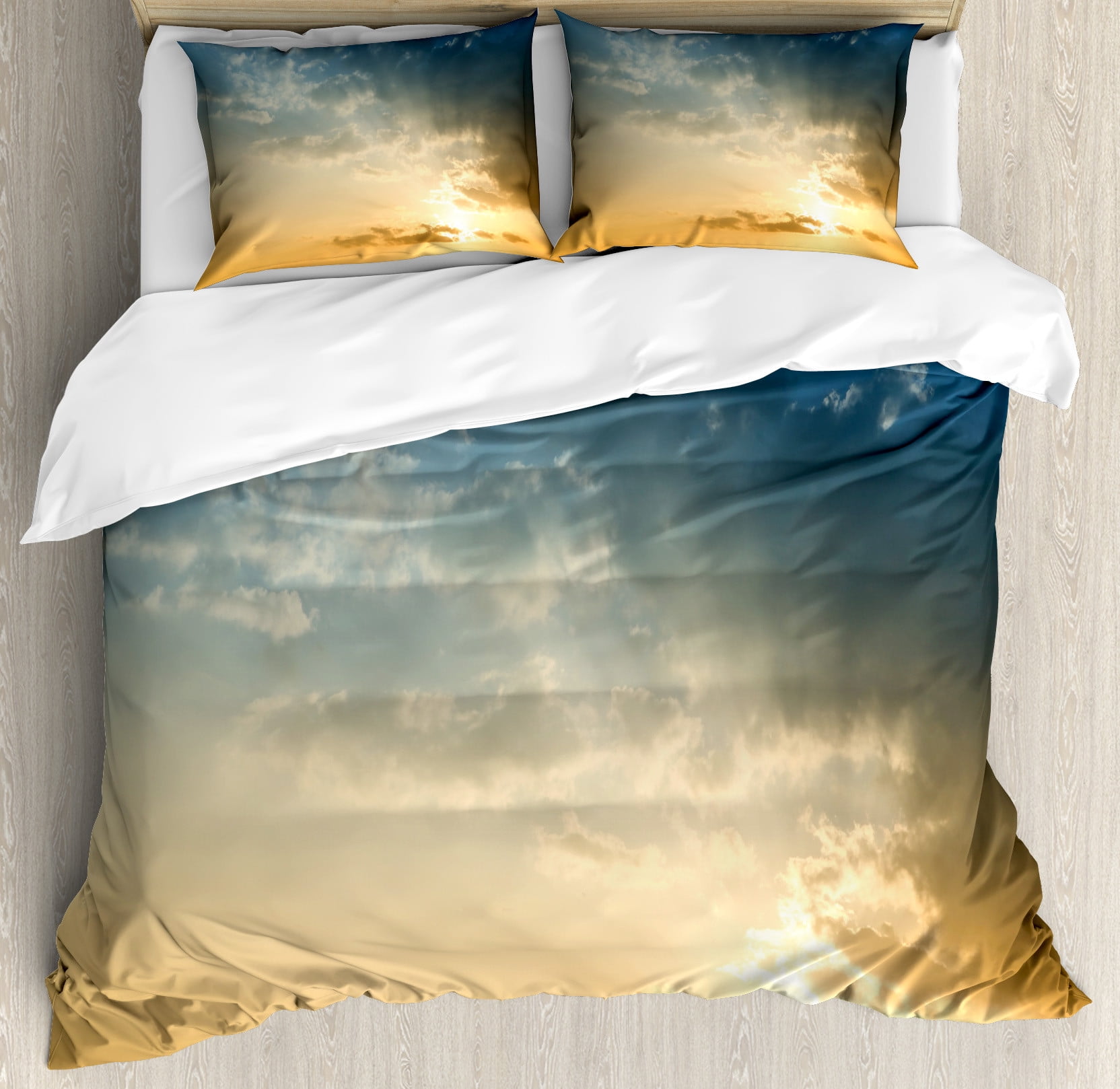 Yellow and Blue Duvet Cover Set, Sky with Sun Rays Dusk Clouds Mystic ...