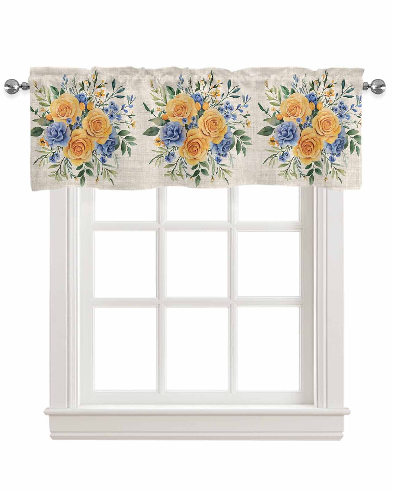 Yellow Blue Floral Kitchen Valances for Windows Farmhouse Linen Window ...