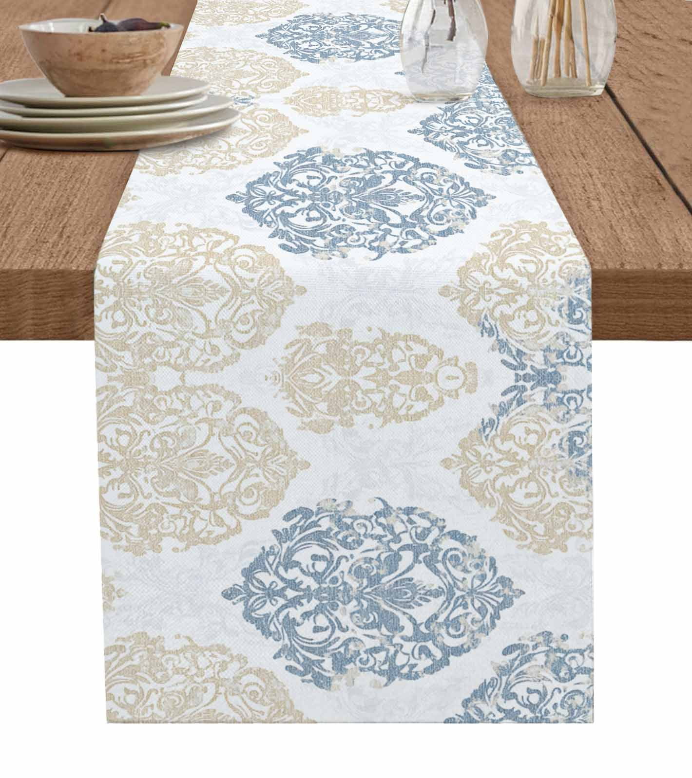 Yellow Blue Floral Table Runner 120 Inches, Vintage Luxury Abstract Art ...