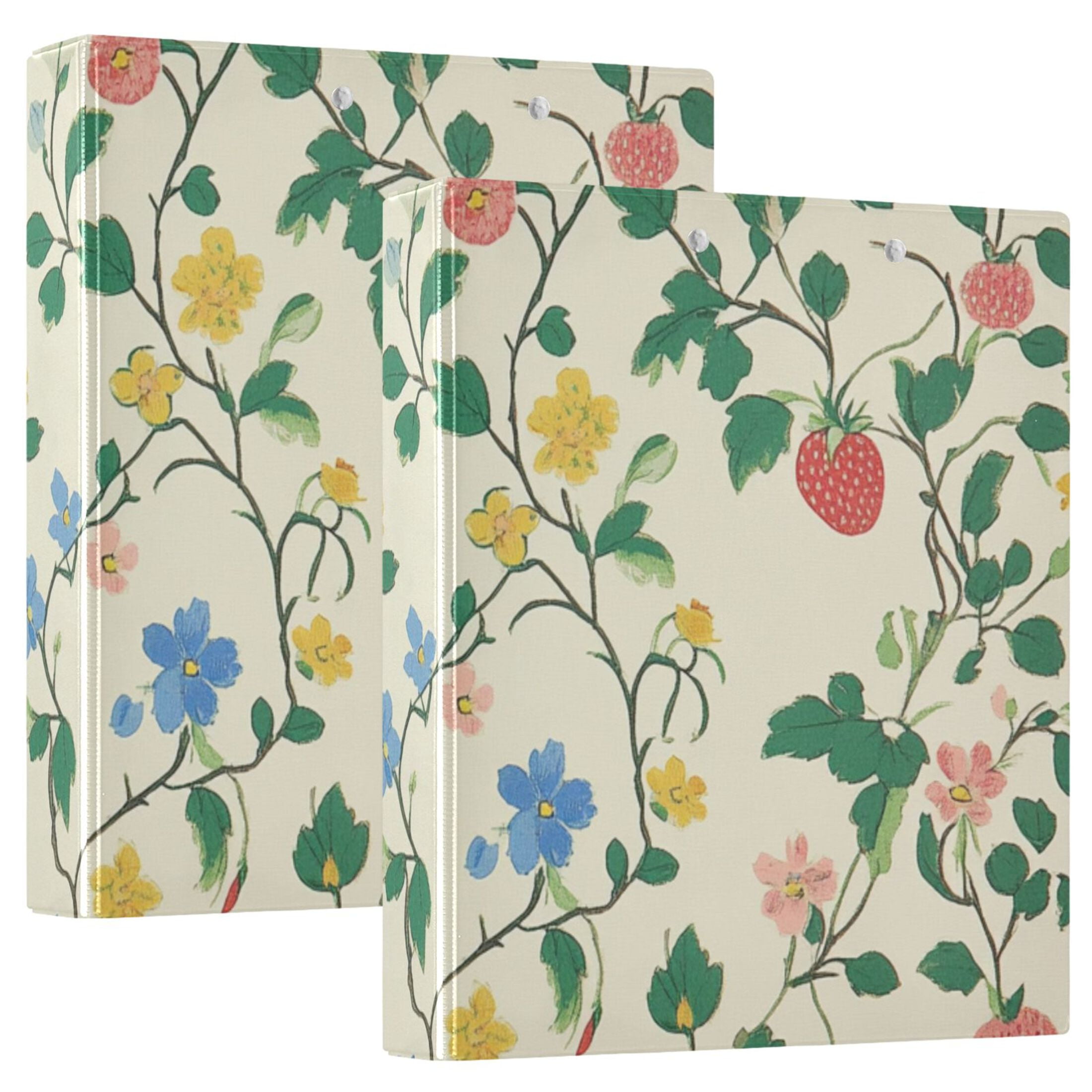 Yellow Blue Flowers Strawberries Leaves Round Ring Binder 3 Rings 1.5 ...