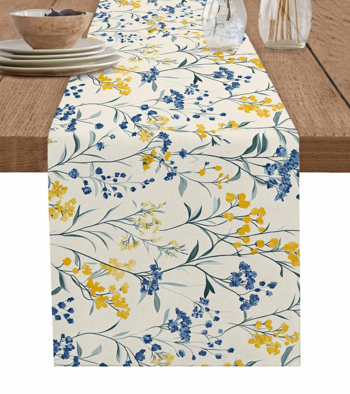 Yellow Blue Flowers Table Runner 72 Inches, Watercolor Botanical Floral ...