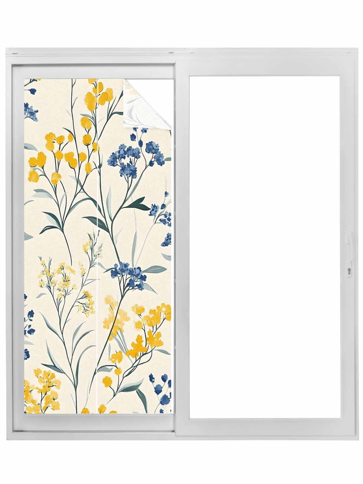 Yellow Blue Flowers Window Privacy Film, Watercolor Botanical Floral ...