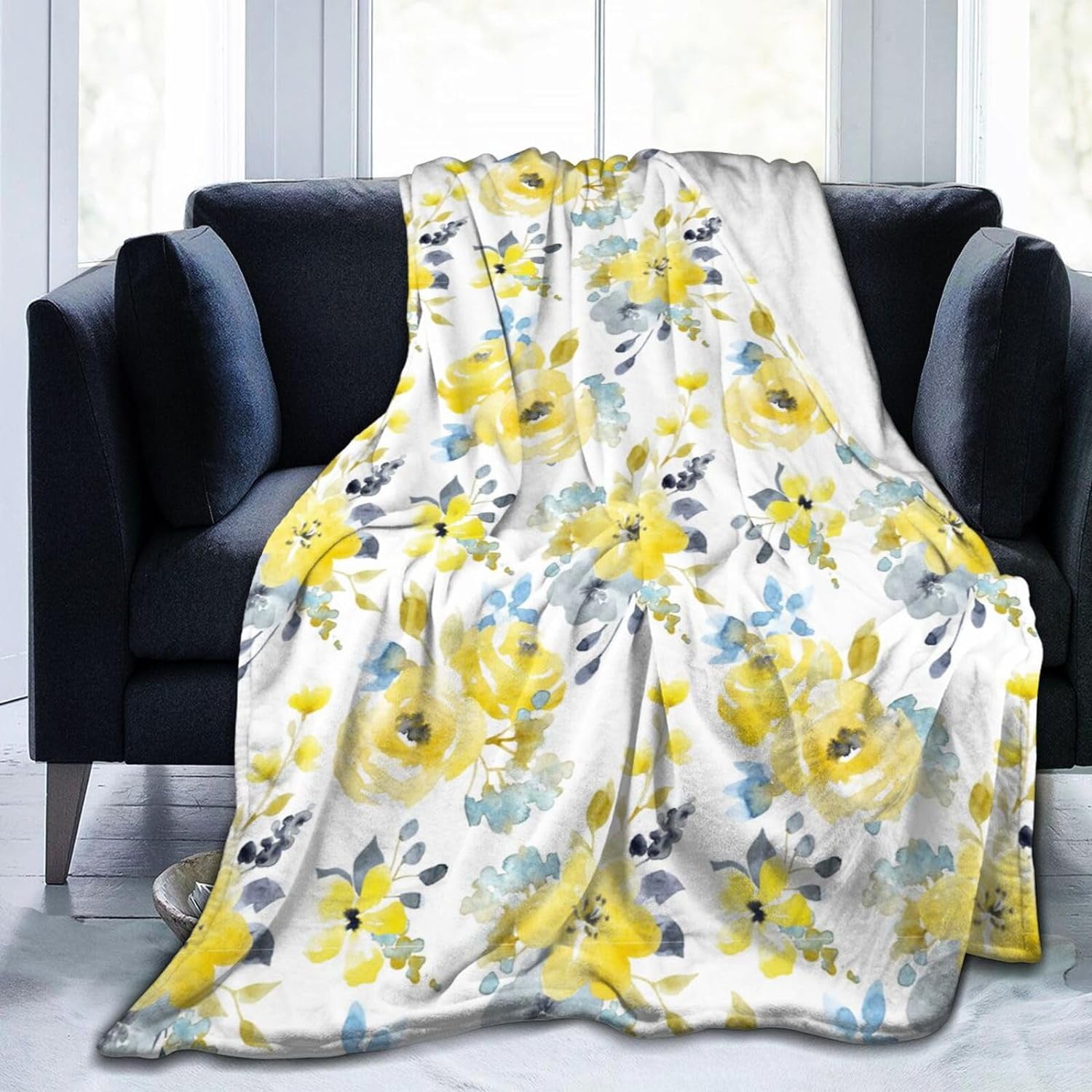Yellow Blue Grey Bright Flower Blanket, Soft Blankets Flannel Bed Throw ...