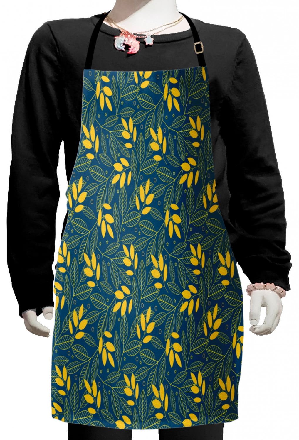 Yellow and Blue Kids Apron, Autumn Season Foliage with Stars Circles on ...