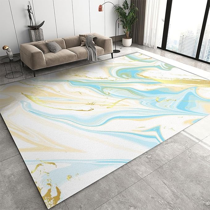 Yellow Blue Marble Area Rug Modern Abstract Rug For Living Room ...