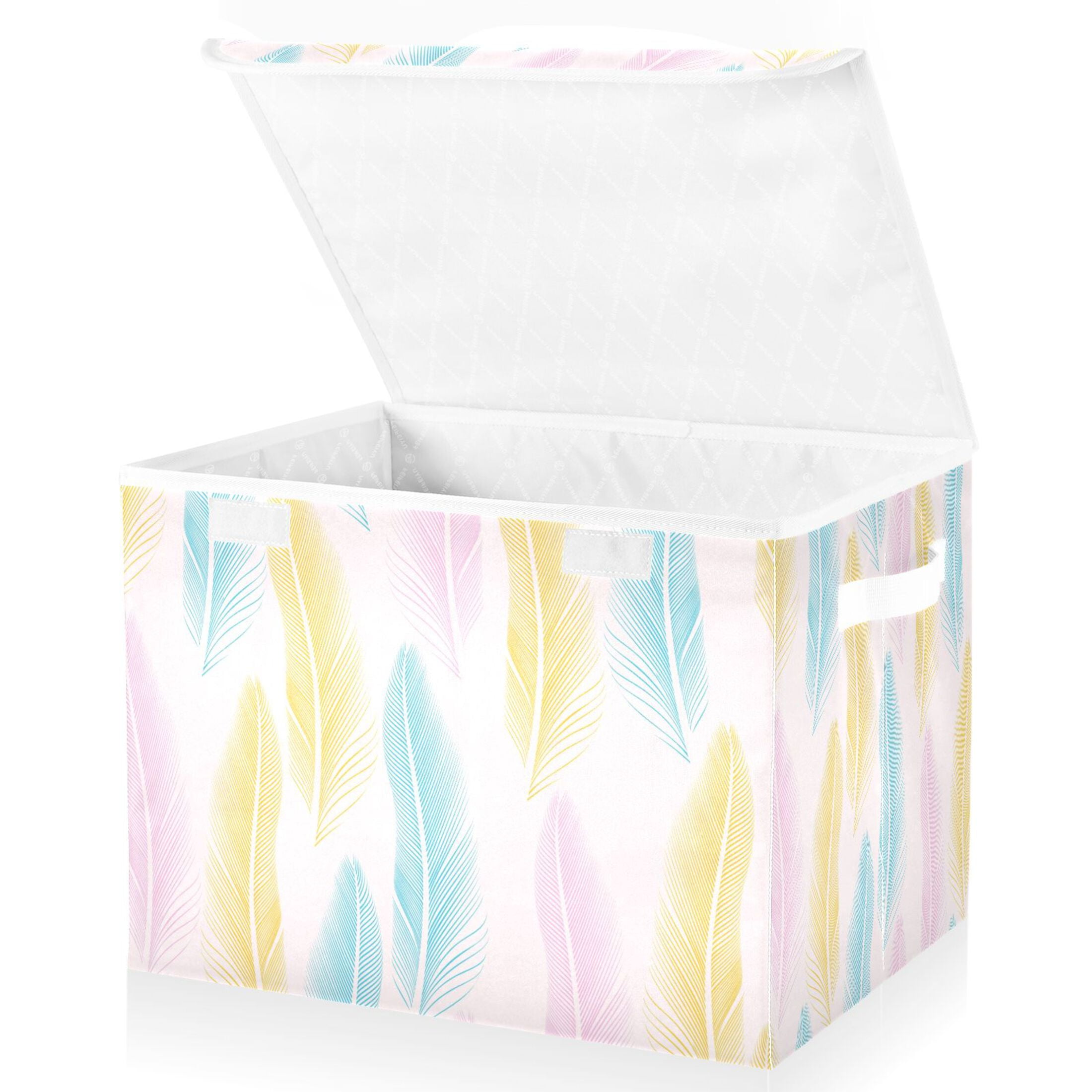 Yellow Blue and Pink Feather Large Lidded Storage Bin Foldable Storage ...
