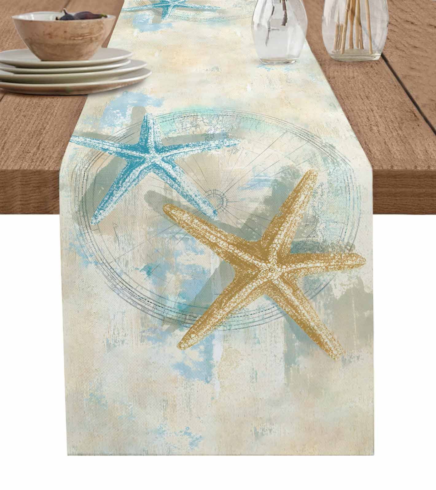 Yellow Blue Starfish Table Runner 36 Inches, Vintage Coastal Nautical ...