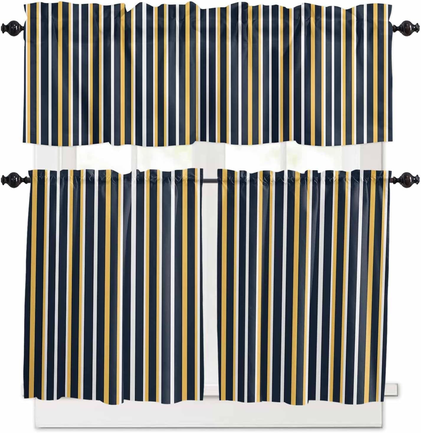 Yellow Blue Striped Kitchen Curtains and Valances Set, Vintage Medieval ...