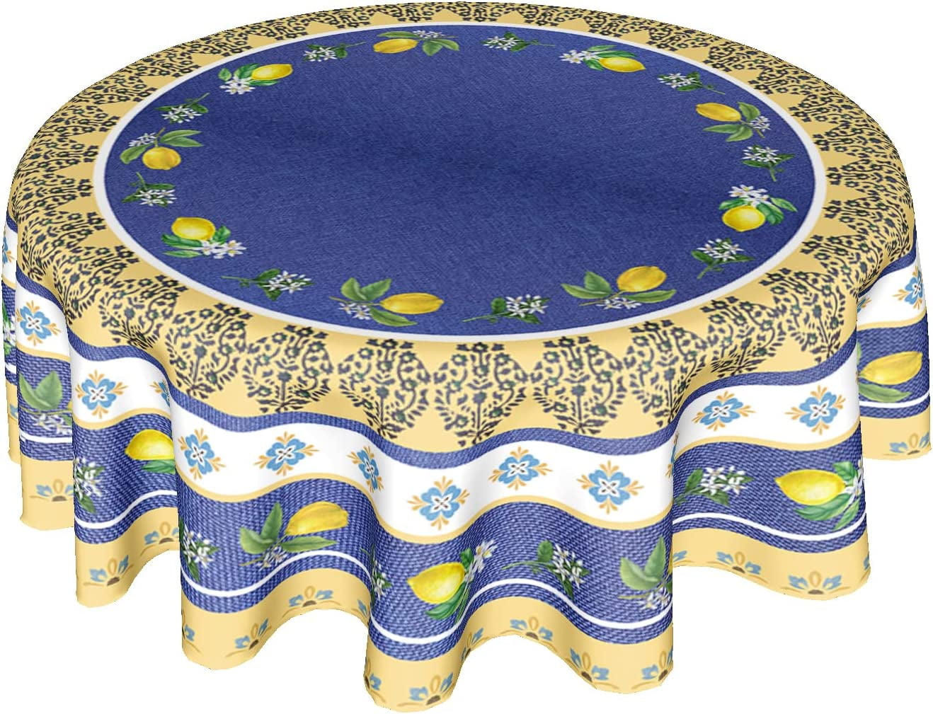 Yellow and Blue Tablecloth Round 60 Inch Spring Summer Lemon Table ...