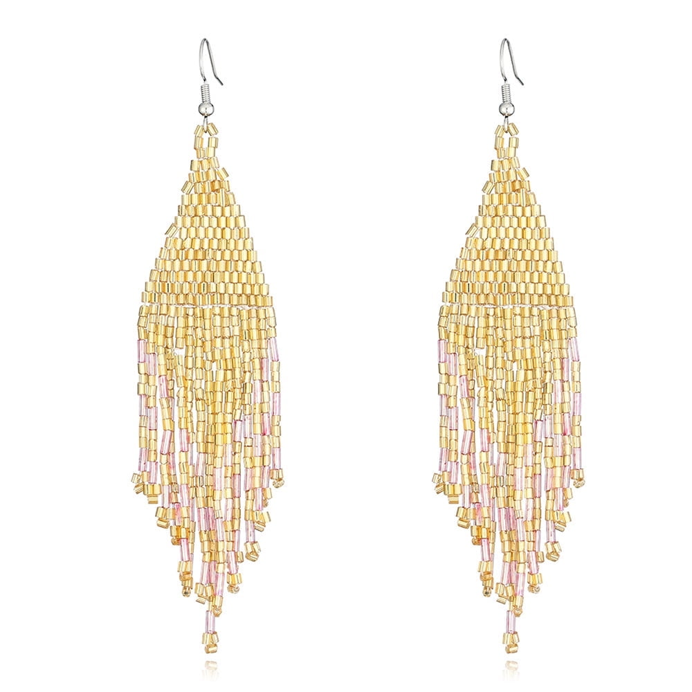 Yellow Boho Rice Beads Tassel Dangle Drop Earrings for Women Handmade ...