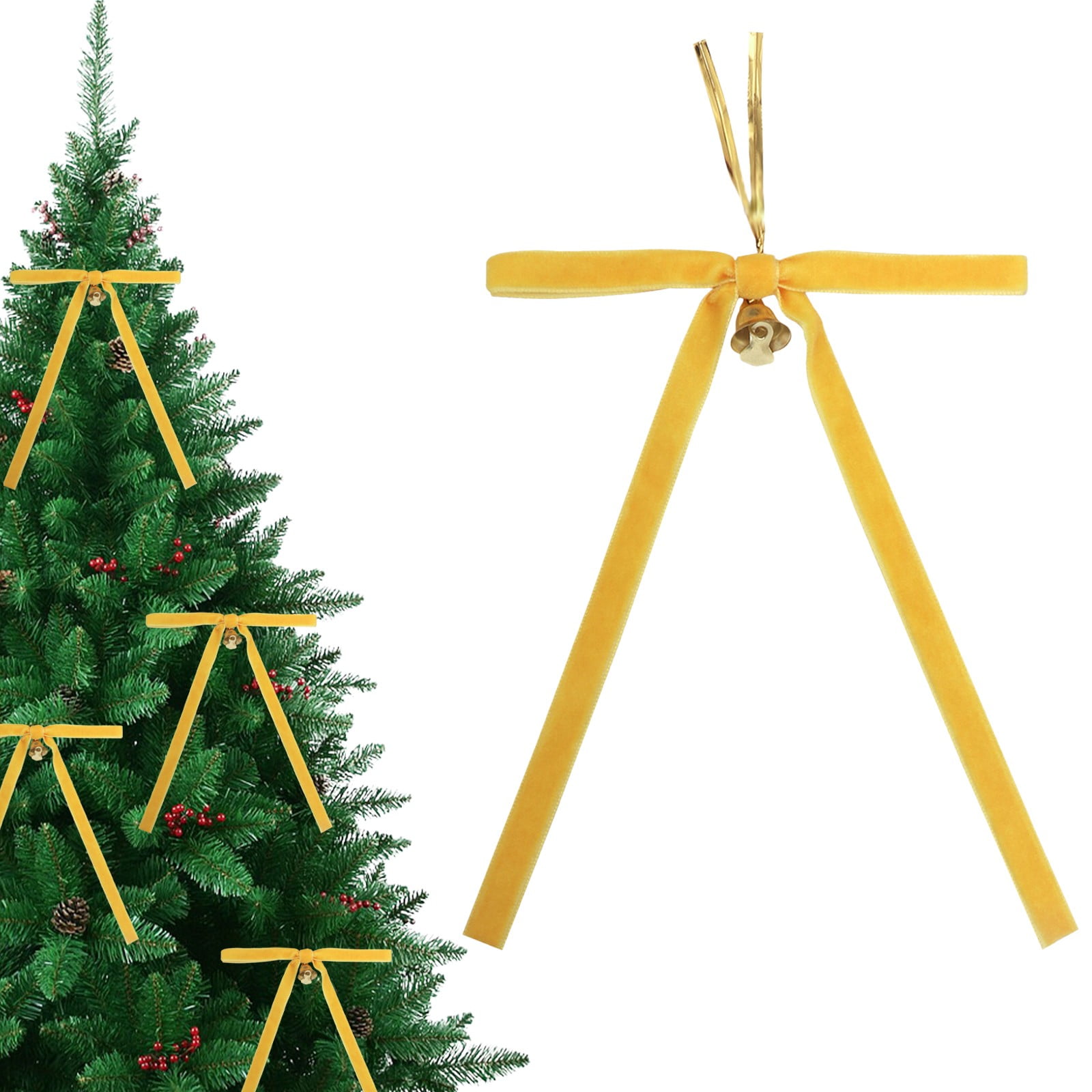 Yellow Bow with Bell, Luxurious Velvet Christmas Tree Bows with Bell ...