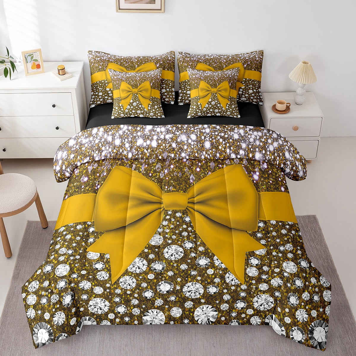 Yellow Bowknot Bed in a Bag King Size Comforter Set 7 Pieces,Cute Bow ...