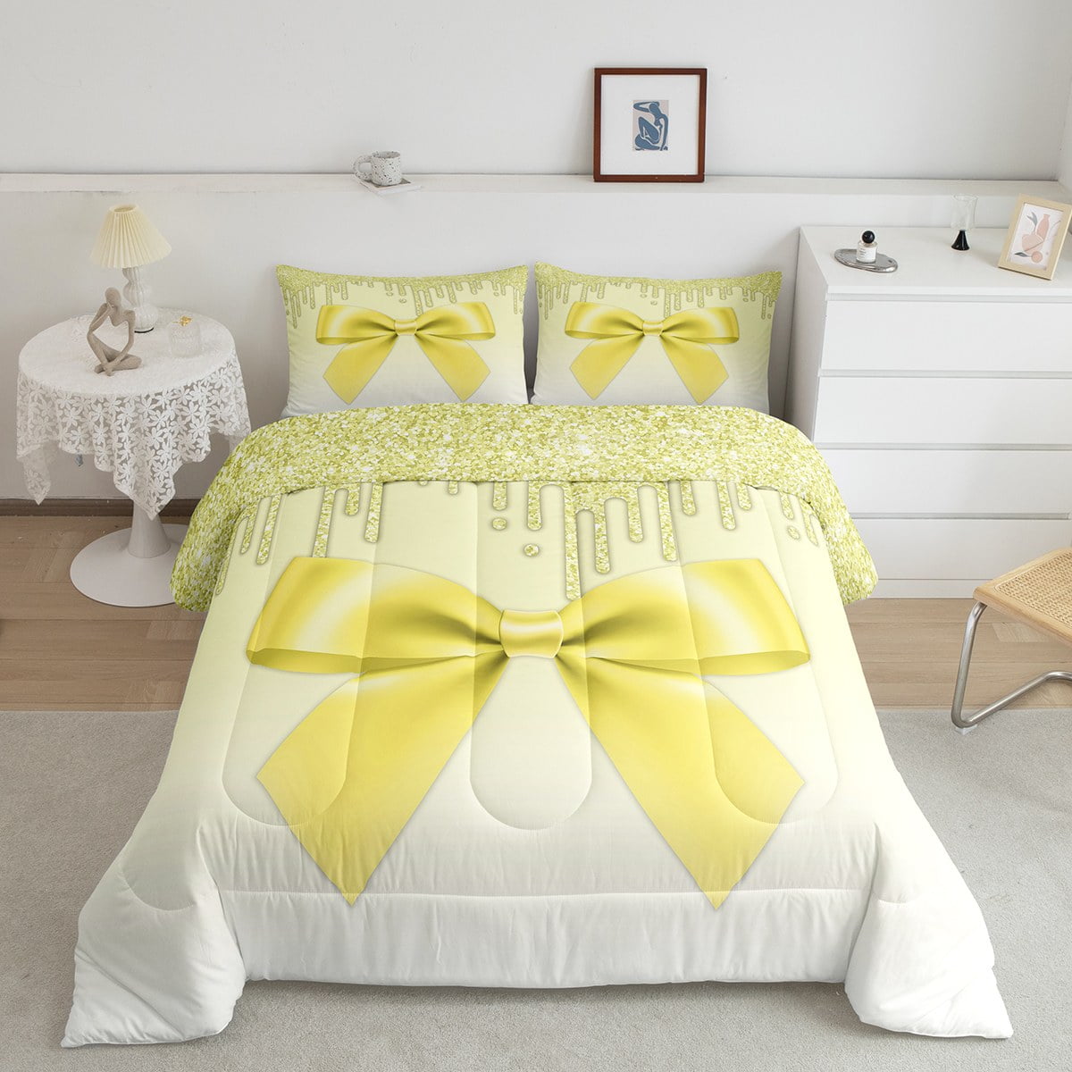 Yellow Bowknot Comforter Set Abstract Sequin Fluid Queen Bedding Sets ...