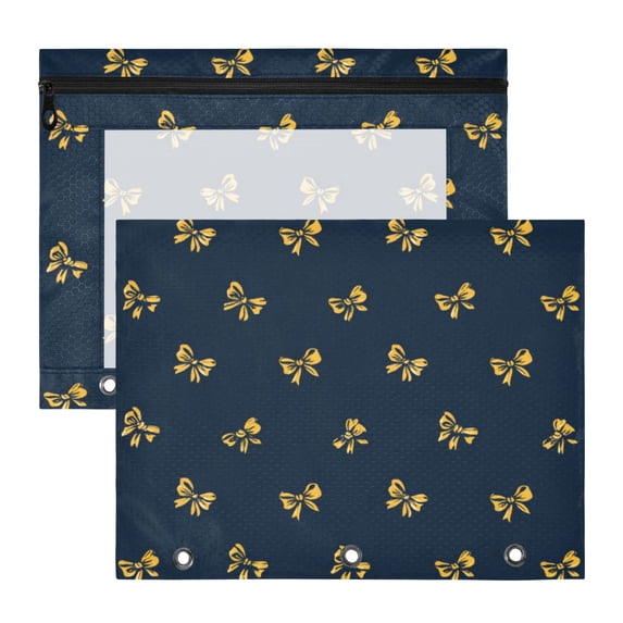 Yellow Bows Dark Blue Background 3-Ring Binder Pouches A4 Size Zipper ...