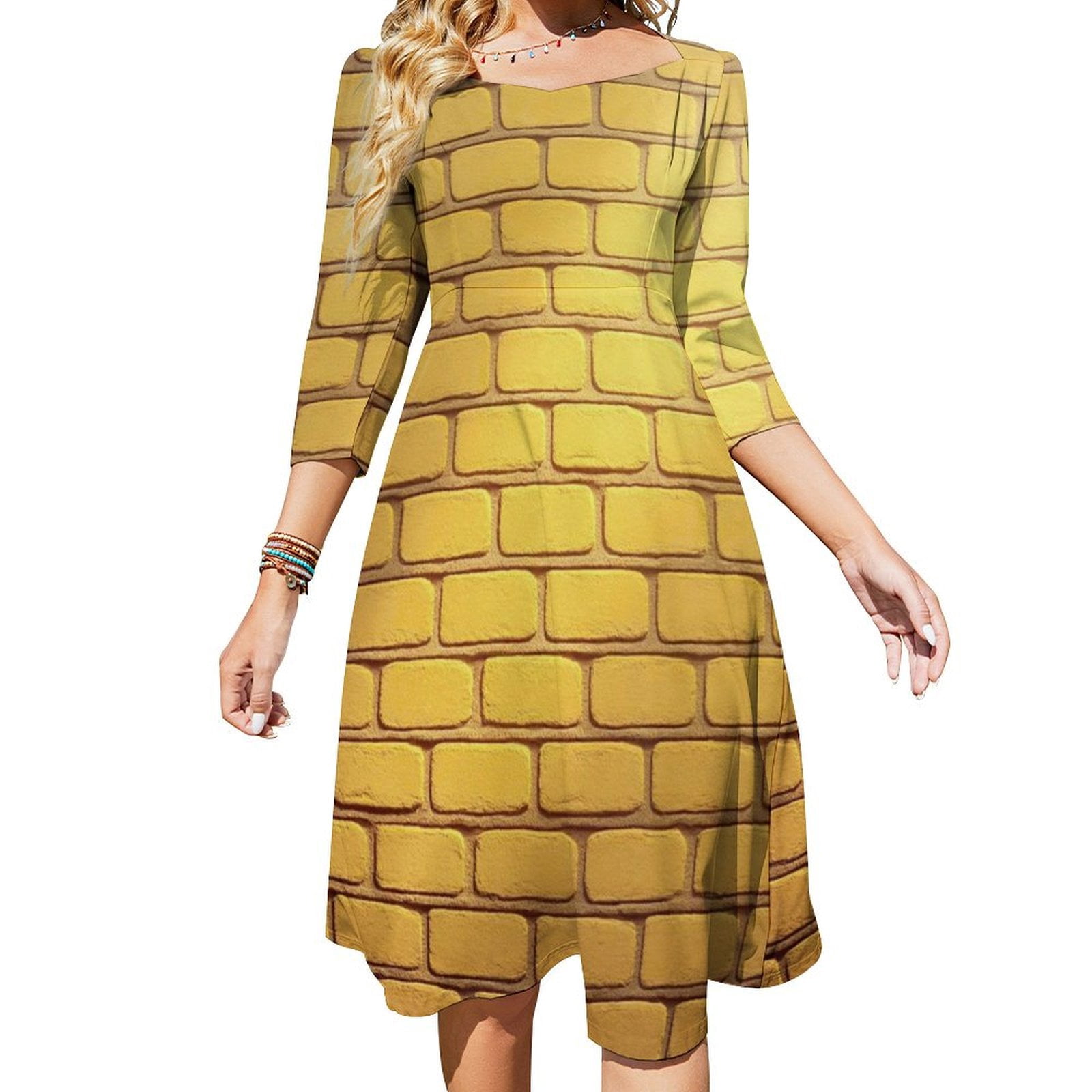 Yellow Brick Wall Sunlight Women's 3/4 Sleeve Dresses Elegant A-Line ...