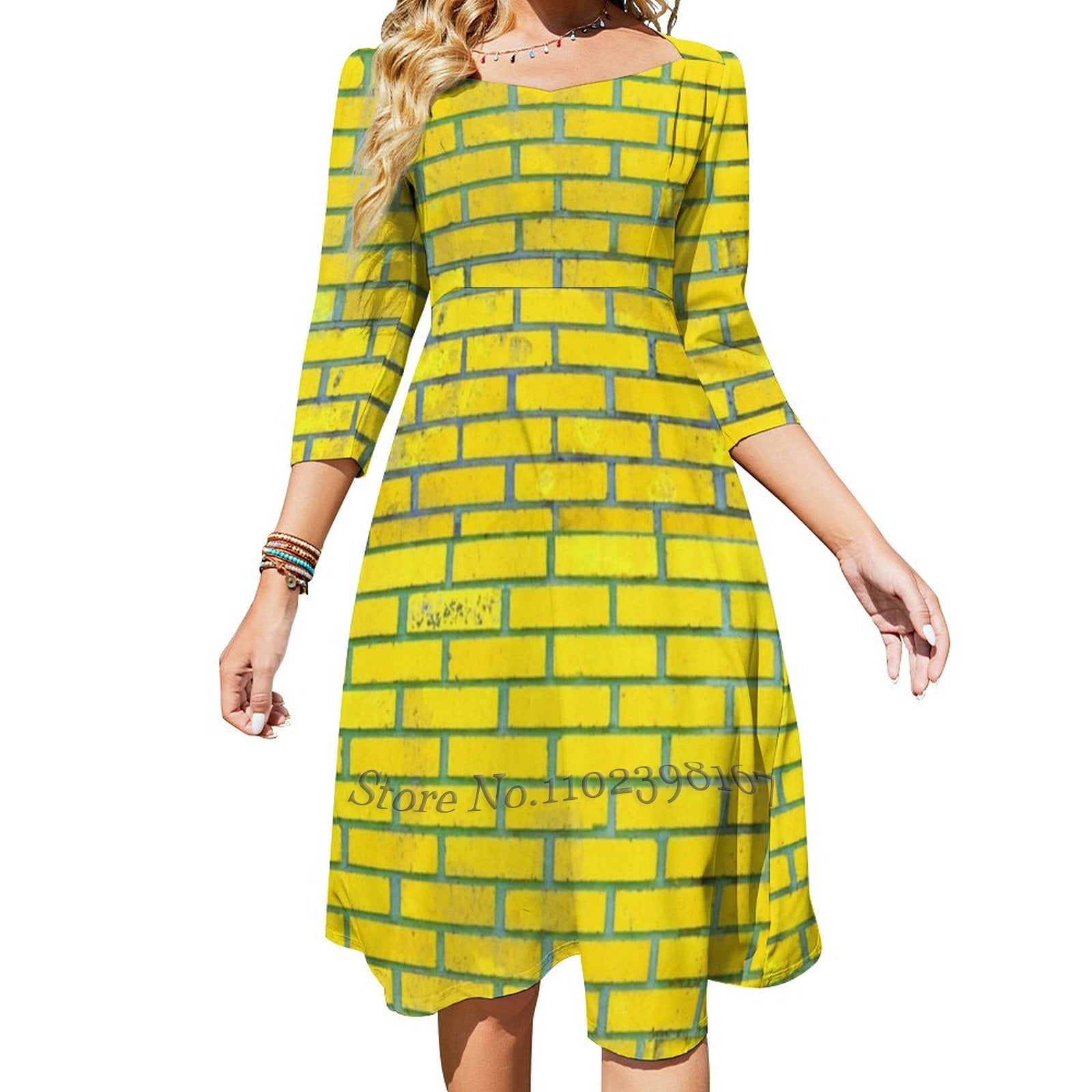 Yellow Bricks Square Neck Dress New Plus Size Elegant Women Waist Tight ...