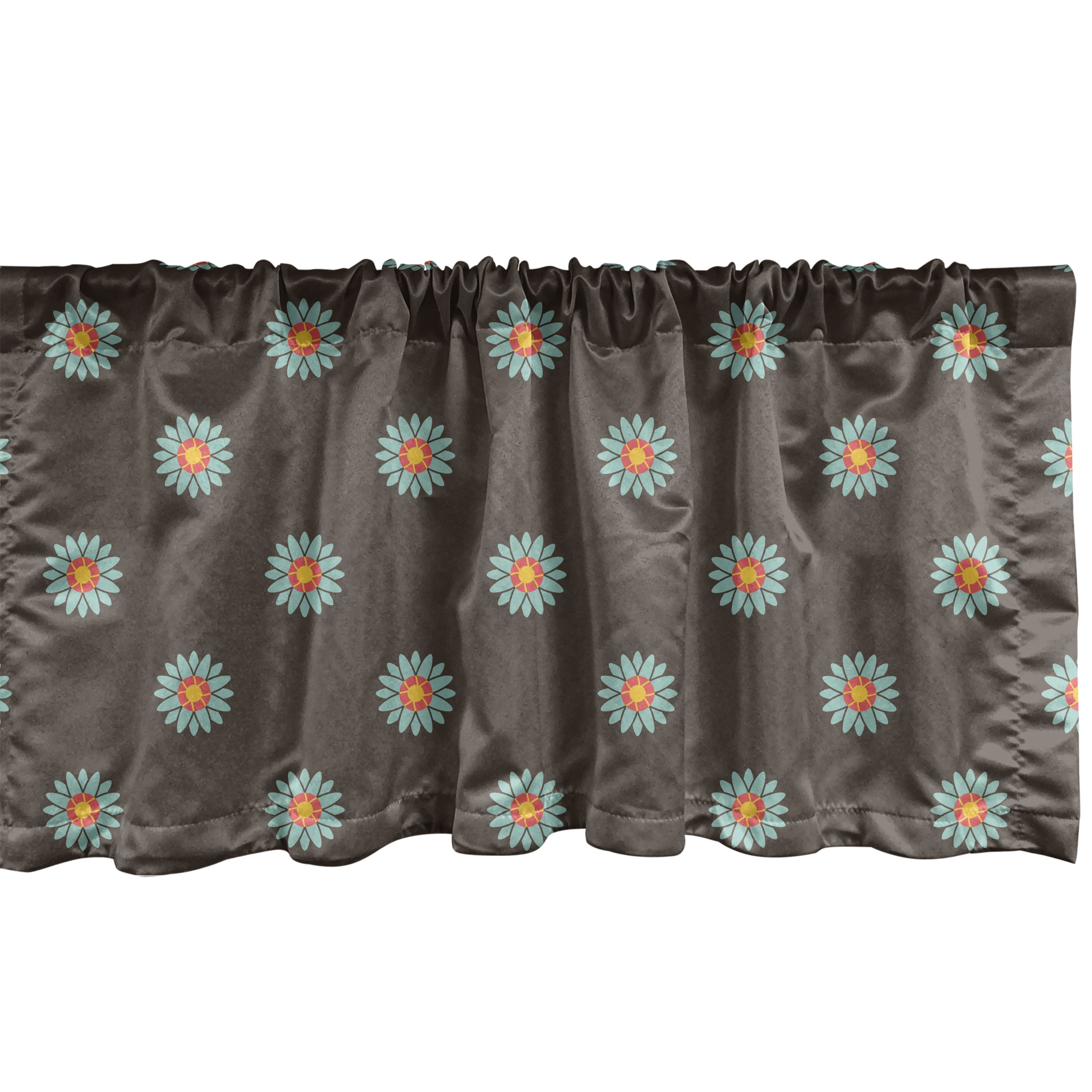 Yellow Brown Window Valance, Blossoming Flower Retro Simplistic Floral ...