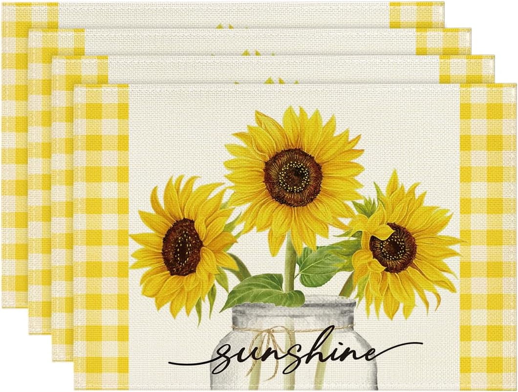 Yellow Buffalo Plaid Sunflower Sunshine Vase Summer Placemats Set of 4 ...