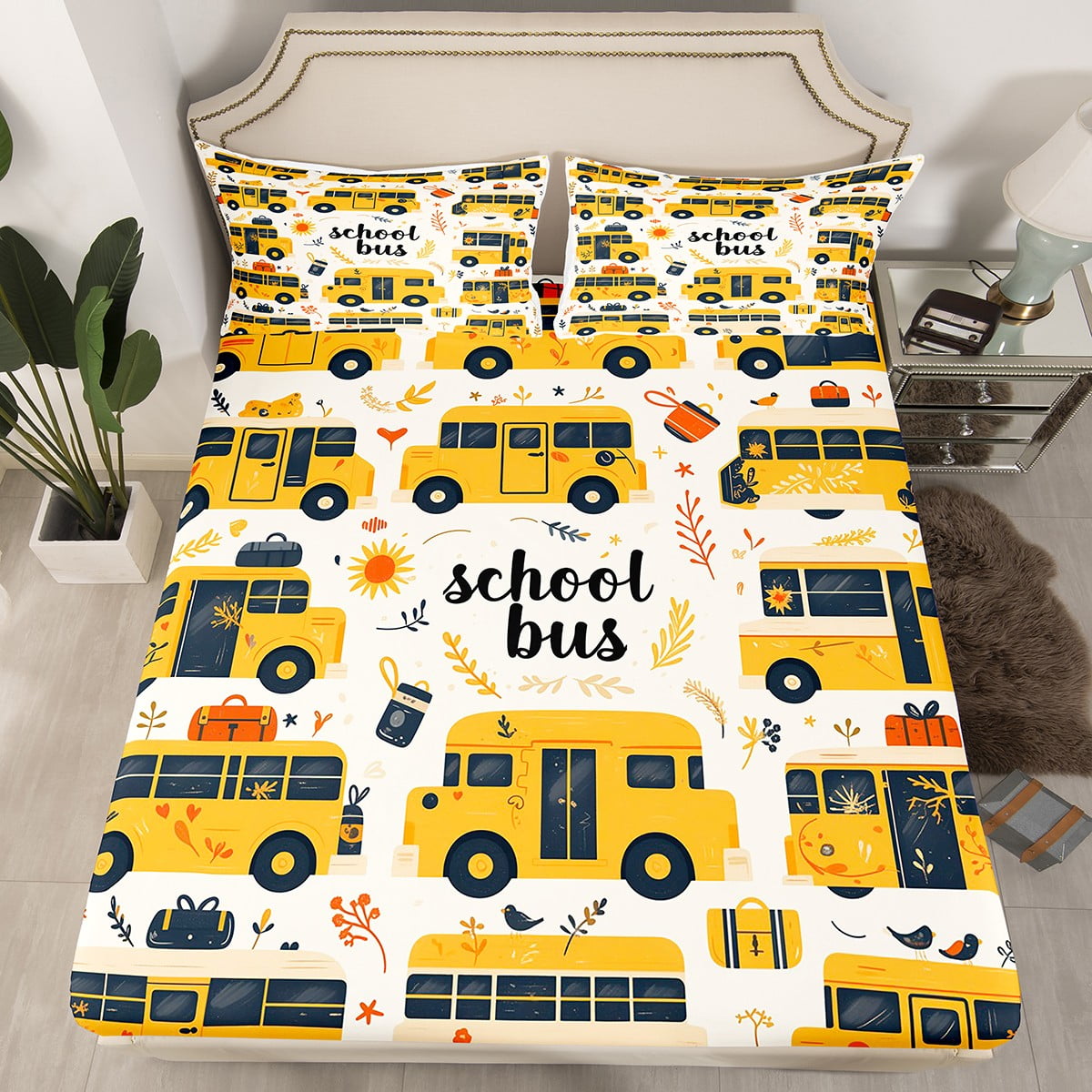 Yellow Bus Bed Sheets School Car Twin Fitted Sheet Truck Transportation ...