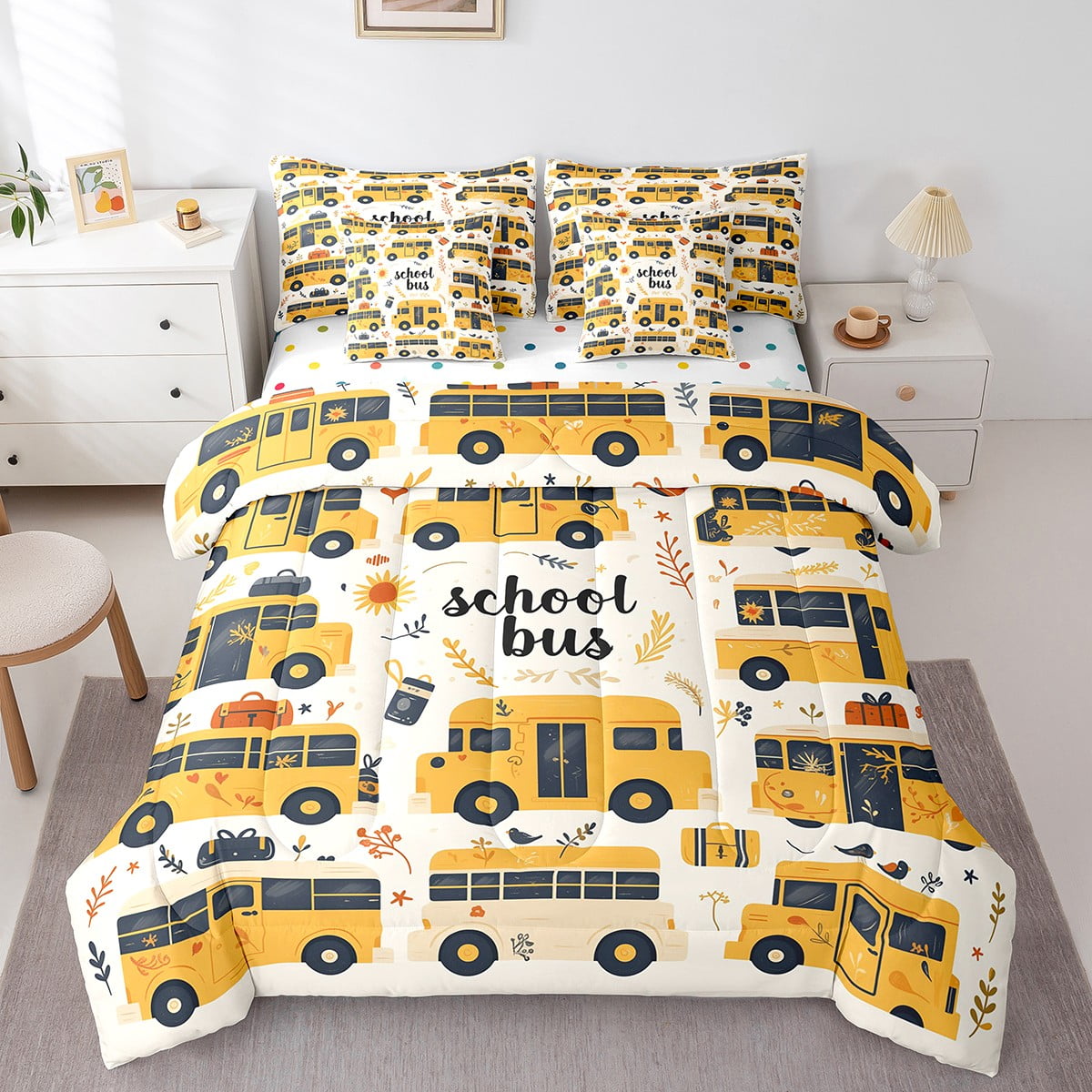 Yellow Bus Comforter Set School Car Full Bed In A Bag 7 Pieces Truck ...