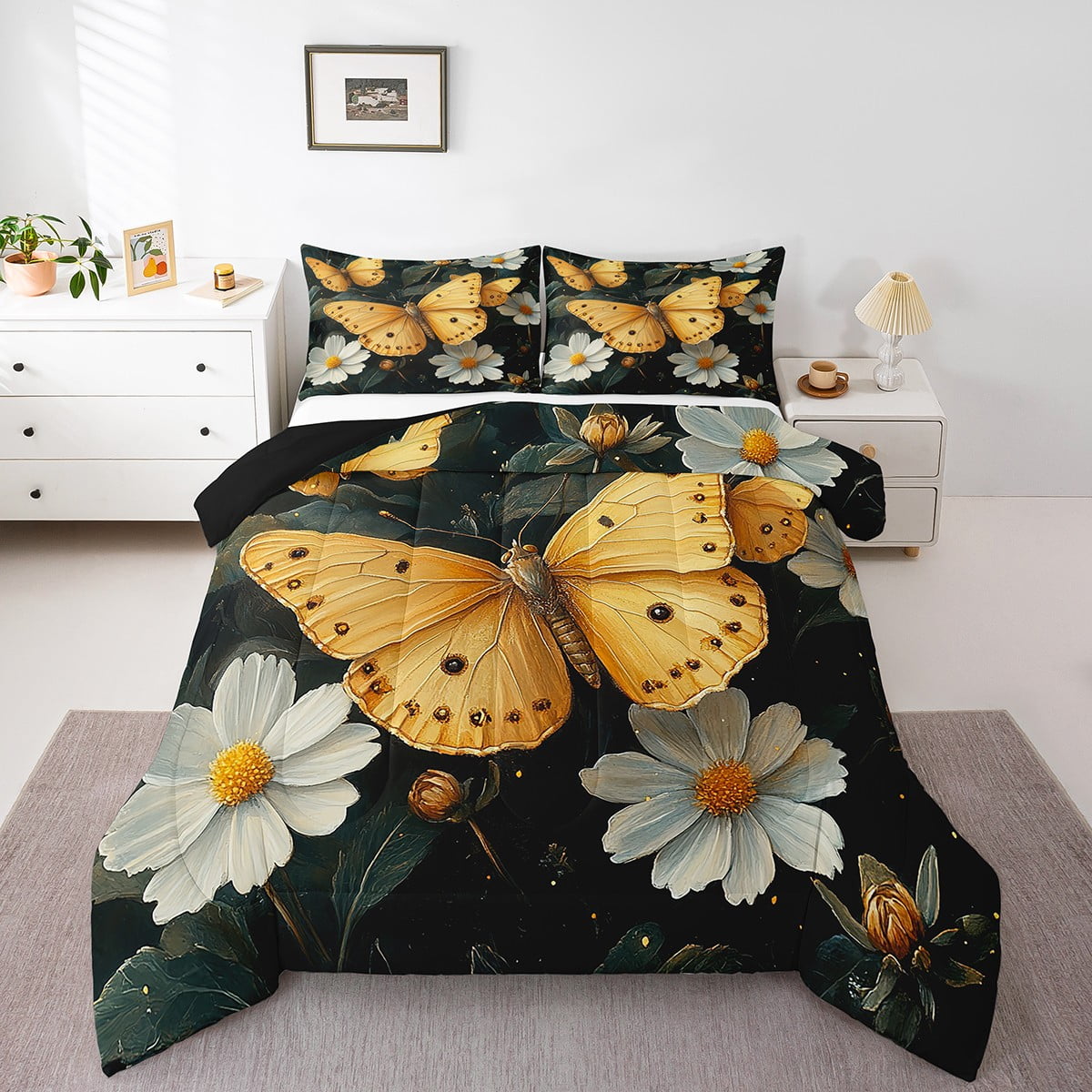 Yellow Butterfly Comforter Set King Size,Dreamy Animal Spring Garden ...