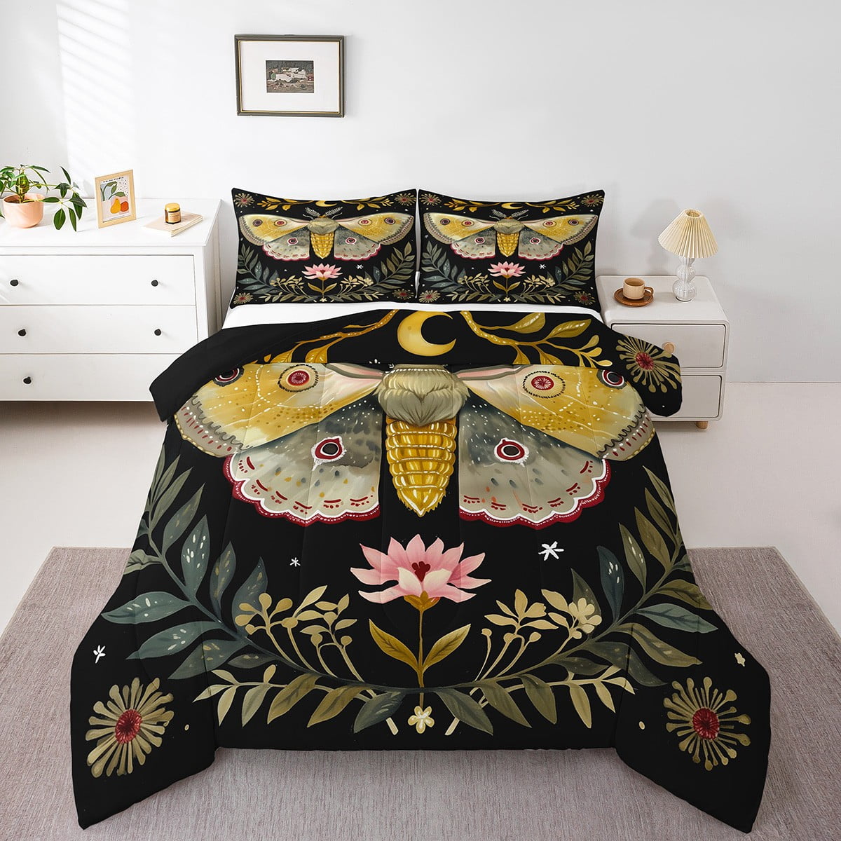 Yellow Butterfly Full Size Comforter Set, Retro Floral Butterflies Bed ...