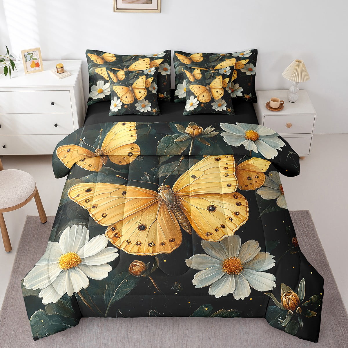 Yellow Butterfly Twin Bedding Set 7 Pieces,Dreamy Animal Spring Garden ...