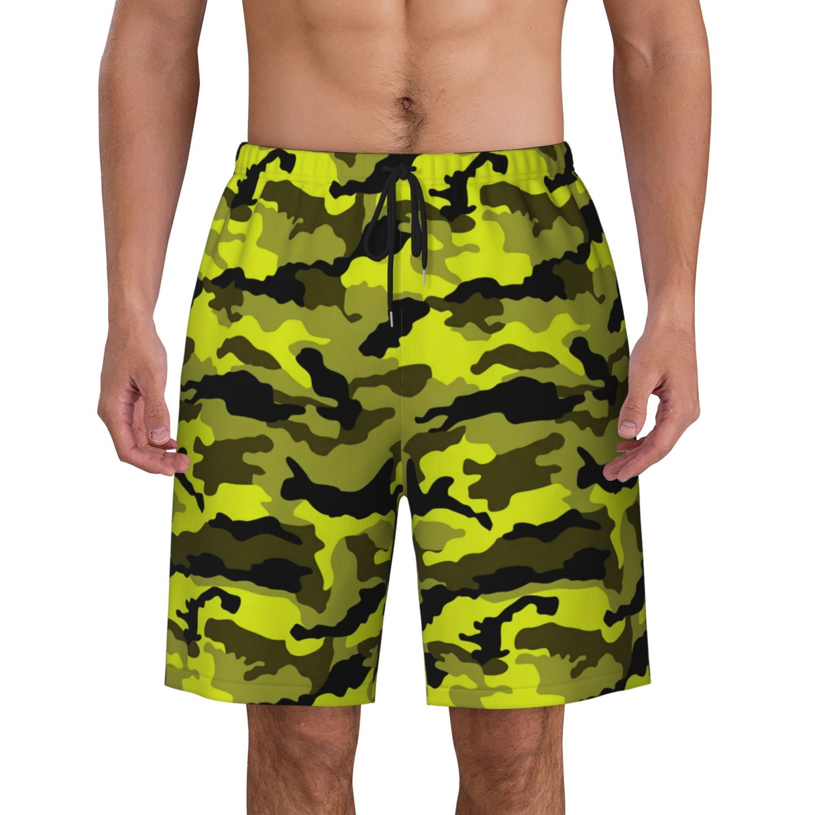 Yellow Camo Pattern Mens Quick Dry Short Swim Trunks With Mesh Lining