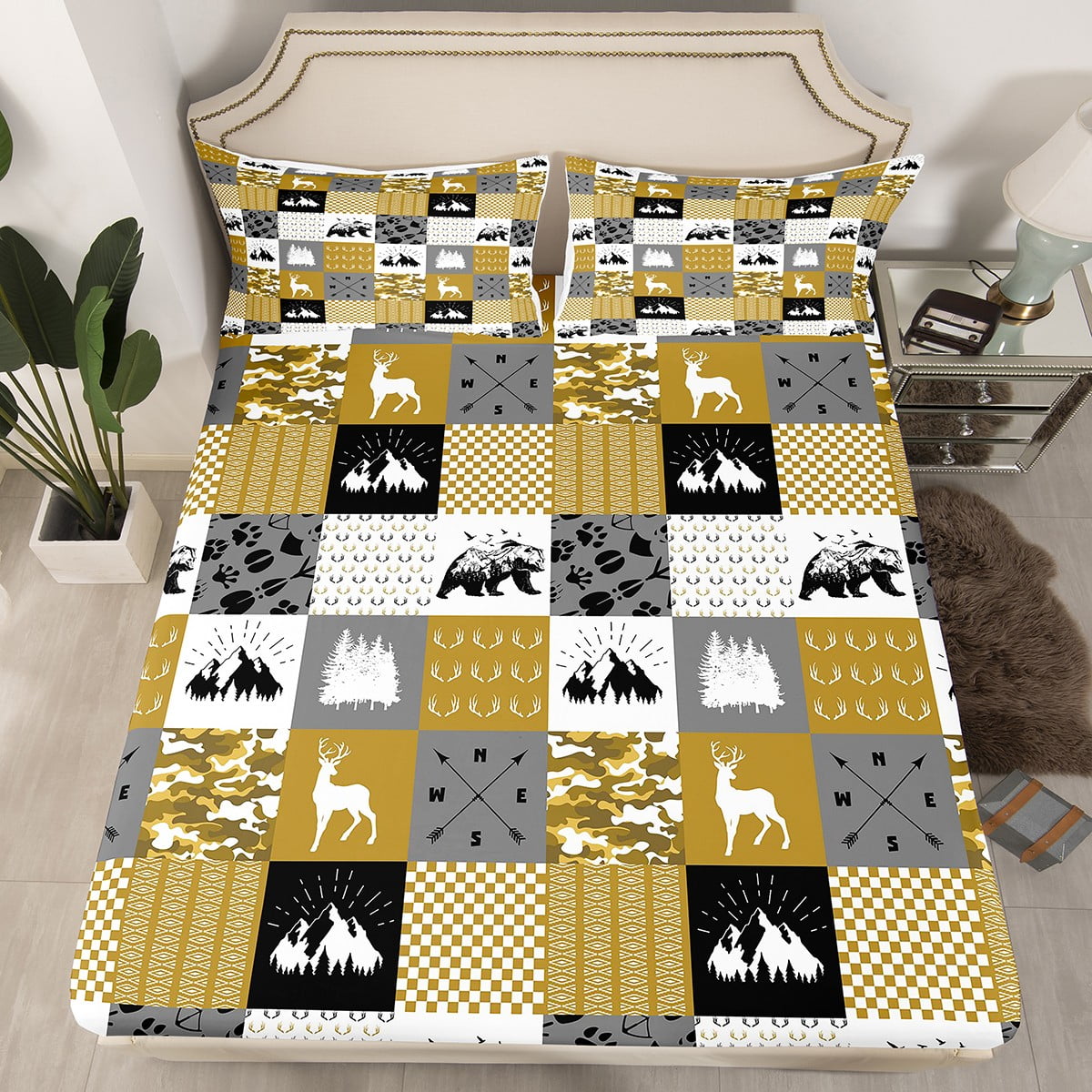 Yellow Camouflage Bed Sheets Woodland Wildlife Bear Elk Deer Fitted ...