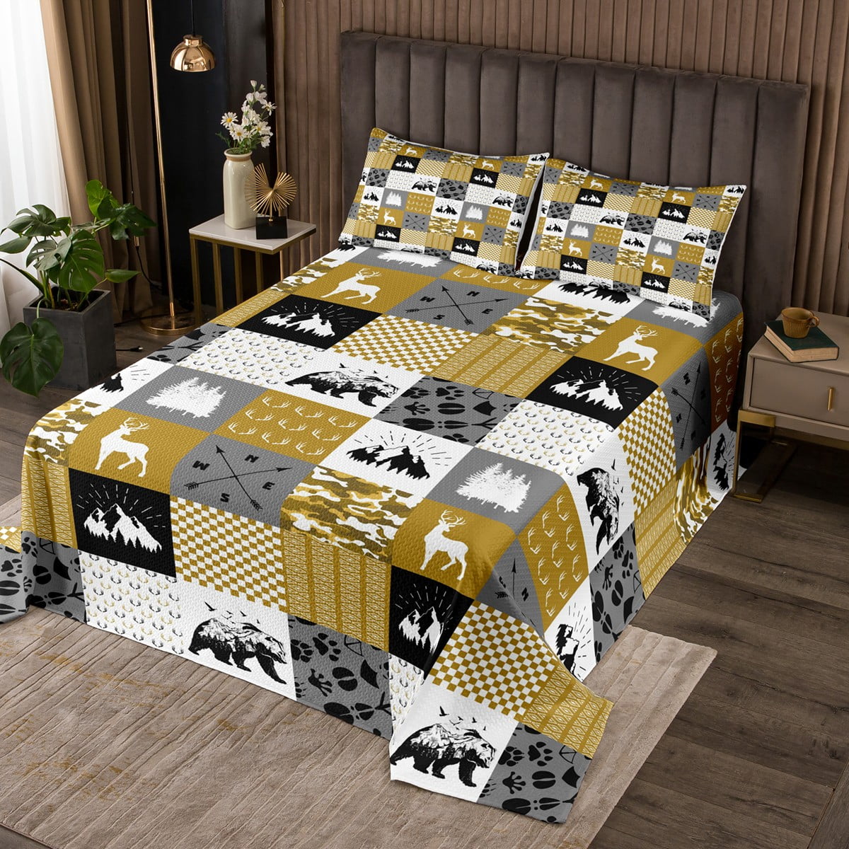 Yellow Camouflage Bedspread Set Woodland Bear Elk Deer Quilt Set Twin ...