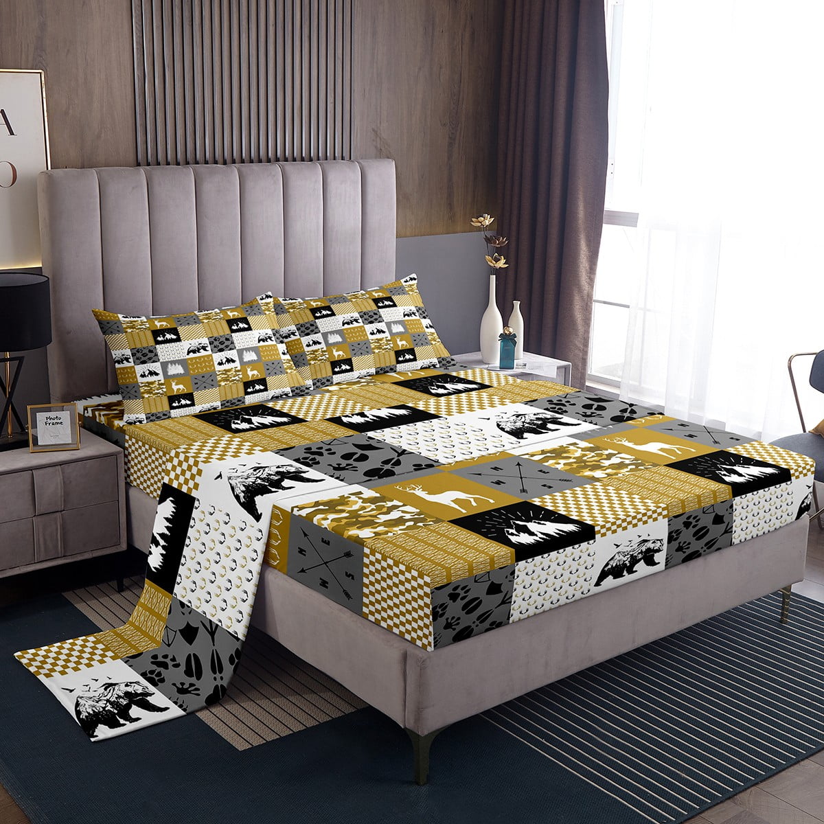 Yellow Camouflage Sheet Set Woodland Wildlife Bear Elk Deer Bed Sheets ...