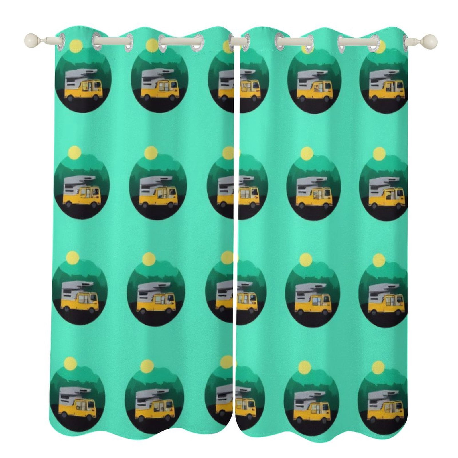 Yellow Camper Van Pattern Print Blackout Window Curtains for Bedroom ...