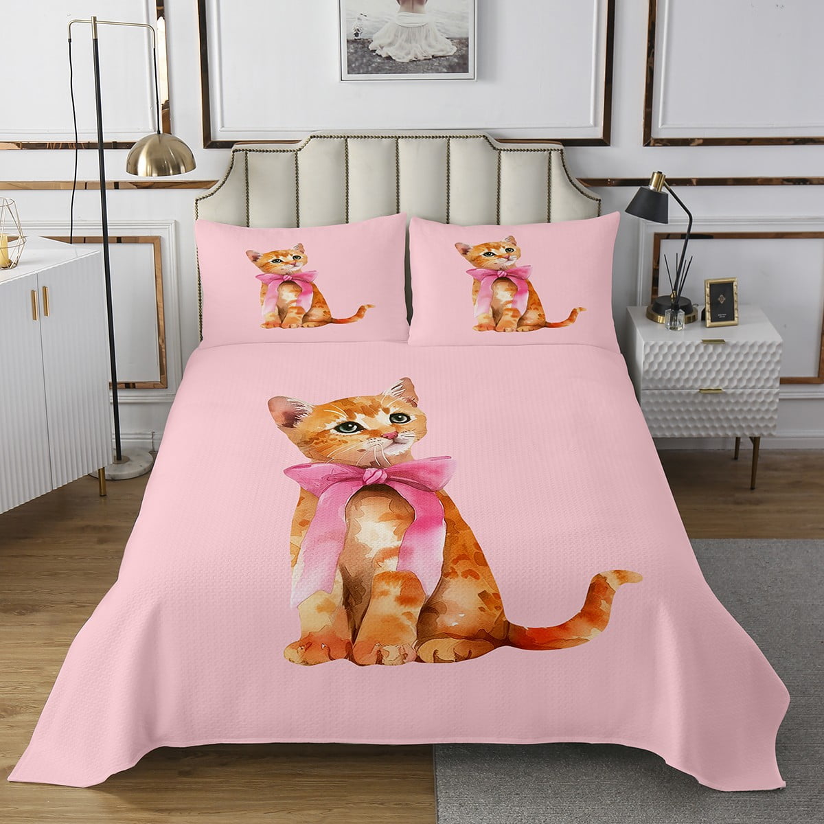 Yellow Cat Bedspread Queen Size,Lovely Cat Bowknot Bedding Bed Cover ...
