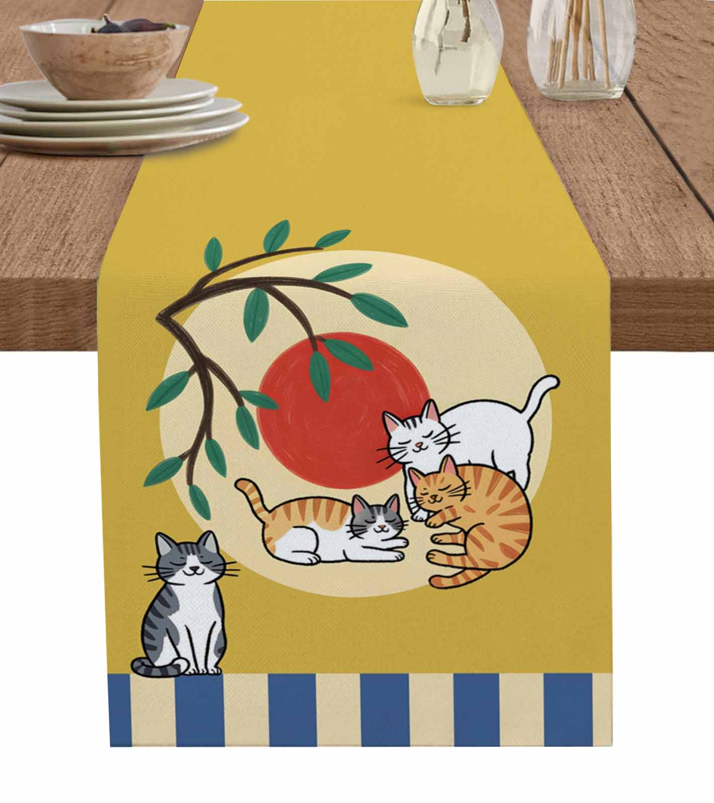 Yellow Cat Cartoon Table Runner 90 Inches, Summer Botanical Sun Modern ...