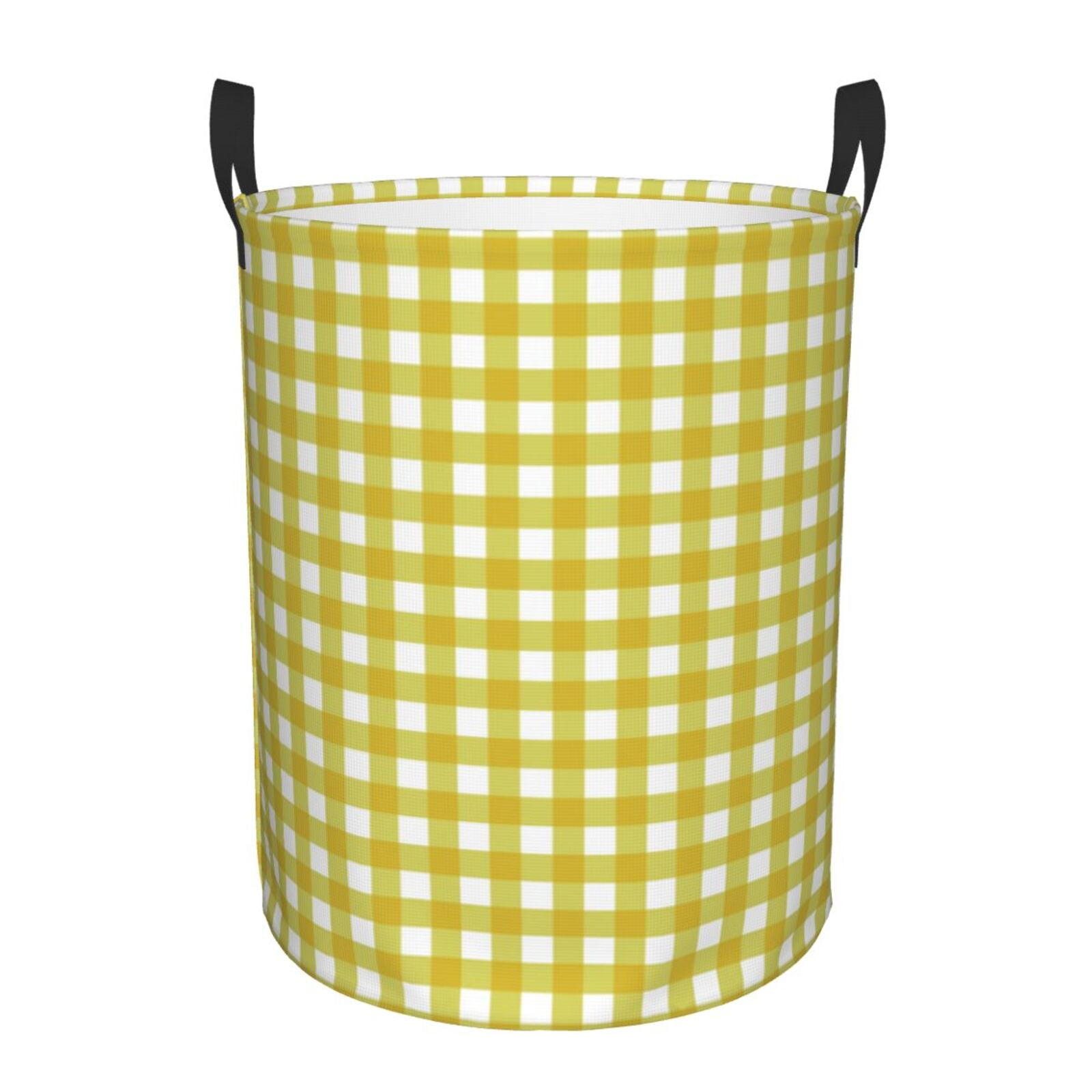 Yellow Checkboard Round Laundry Basket, Laundry Hamper with Handle ...
