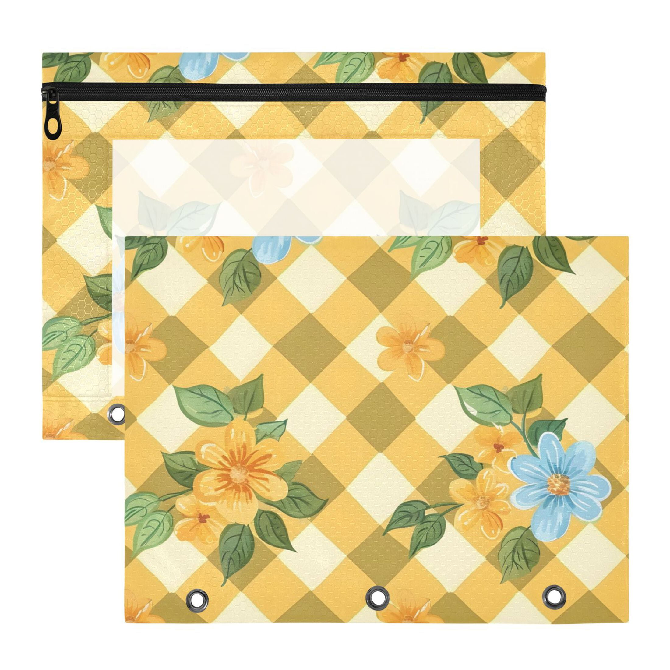 Yellow Checkerboard and Flower 3-Ring Binder Pouches A4 Size Zipper ...
