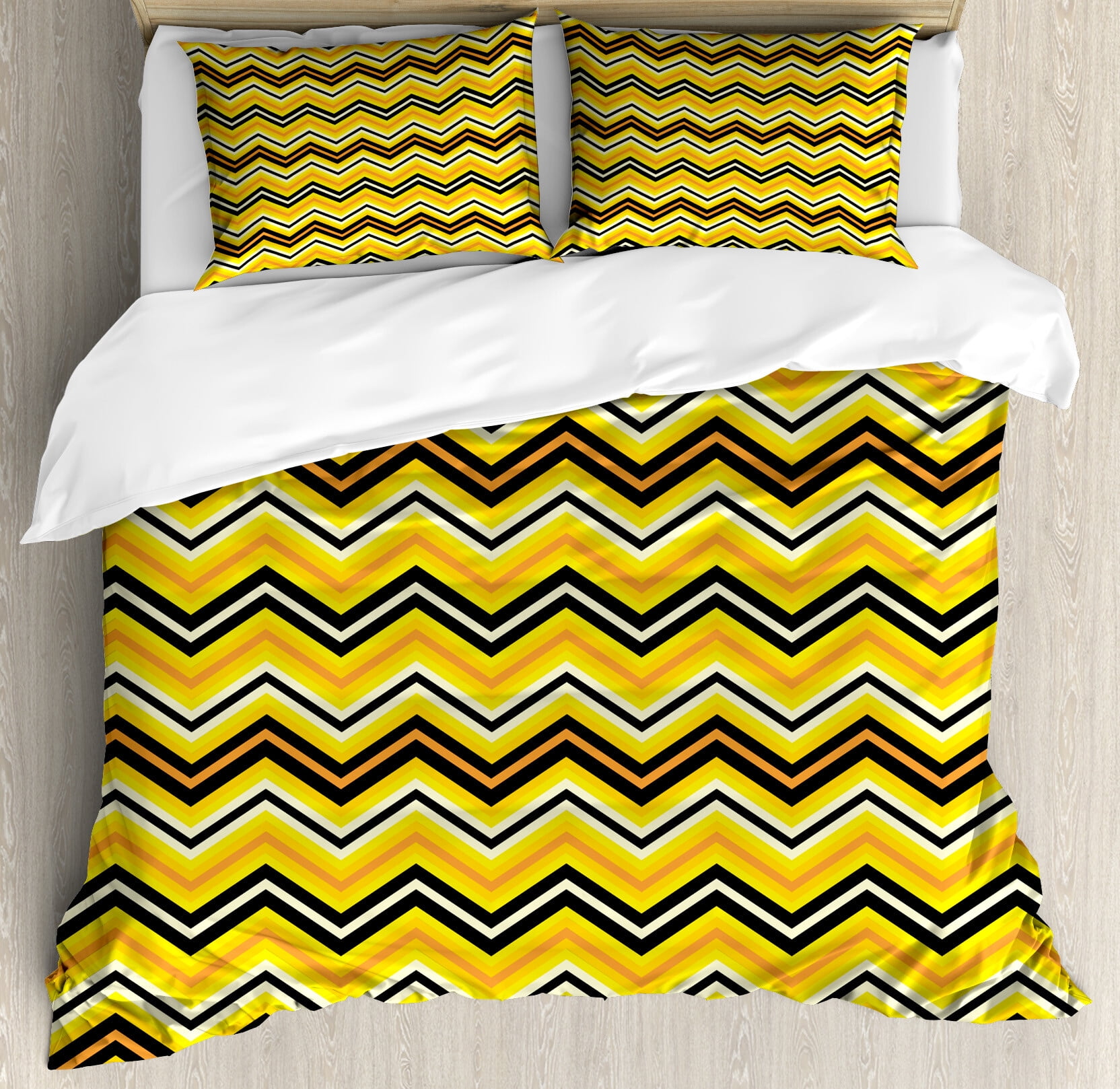 Yellow Chevron Duvet Cover Set, Horizontal Zigzag Stripes in Vibrant ...