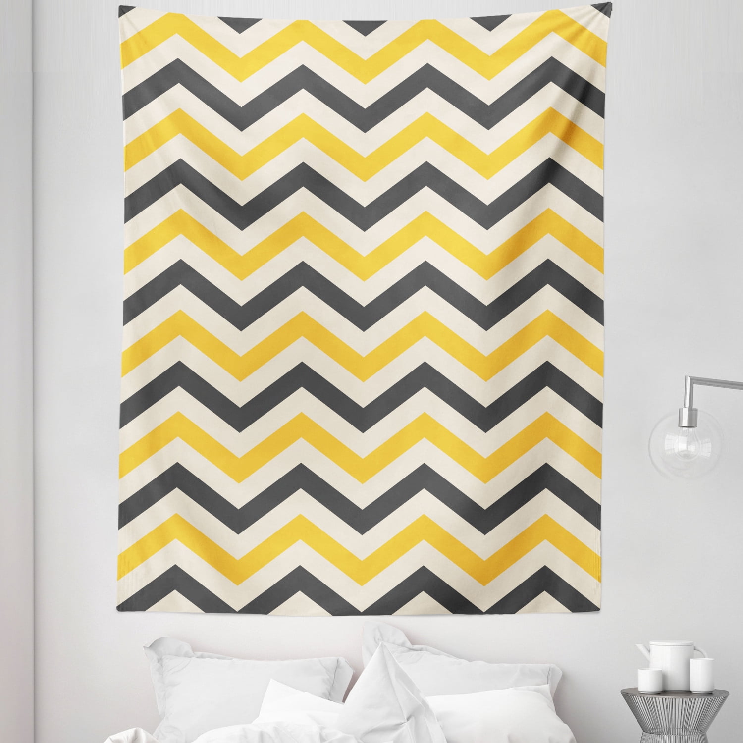 Yellow Chevron Tapestry, Large Zigzags in Retro Design Geometrical ...