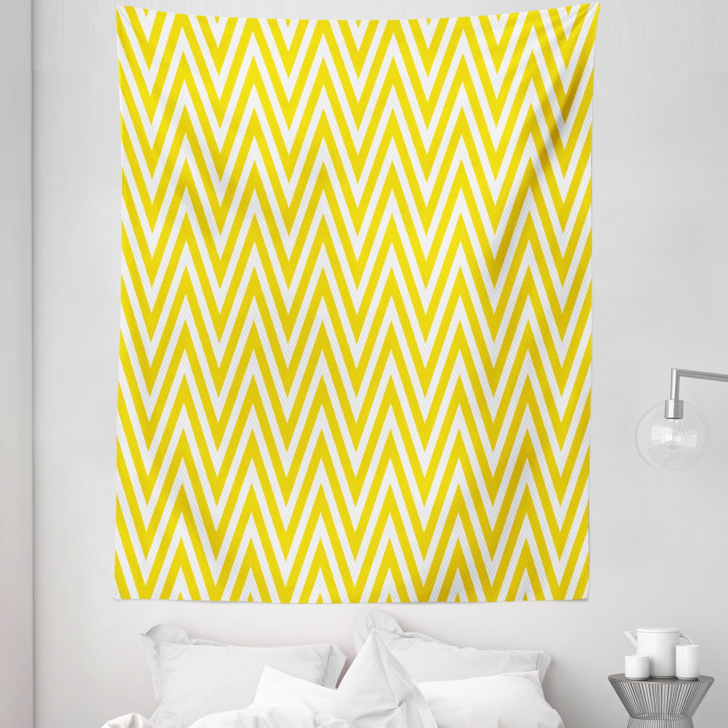 Yellow Chevron Tapestry, Thin Yellow and White Chevron Stripes Retro ...