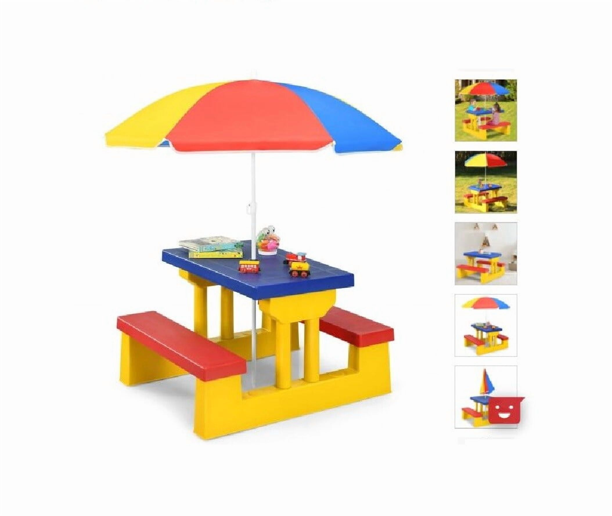 Yellow Children's 4 Seat Folding Picnic Table with Umbrella Kids Bench ...