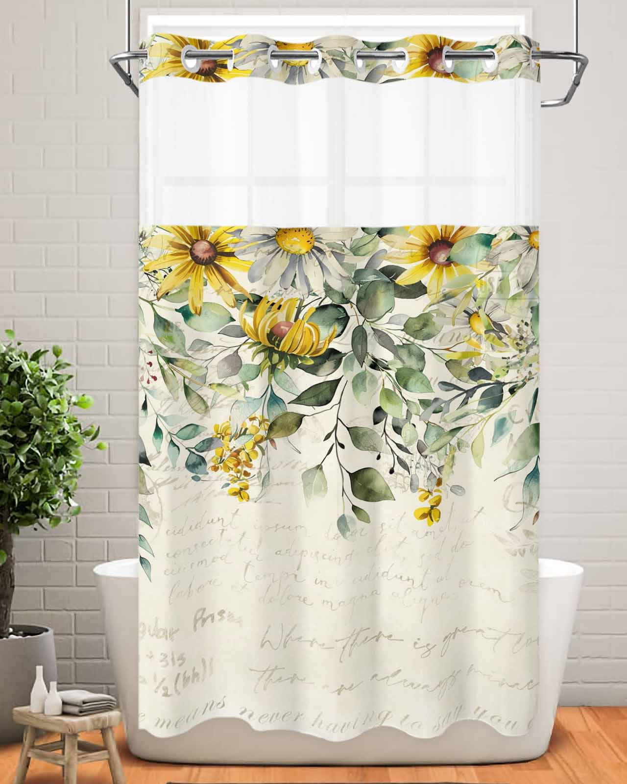 Yellow Chrysanthemum No Hook Shower Curtain with Snap in Liner, Daisy ...
