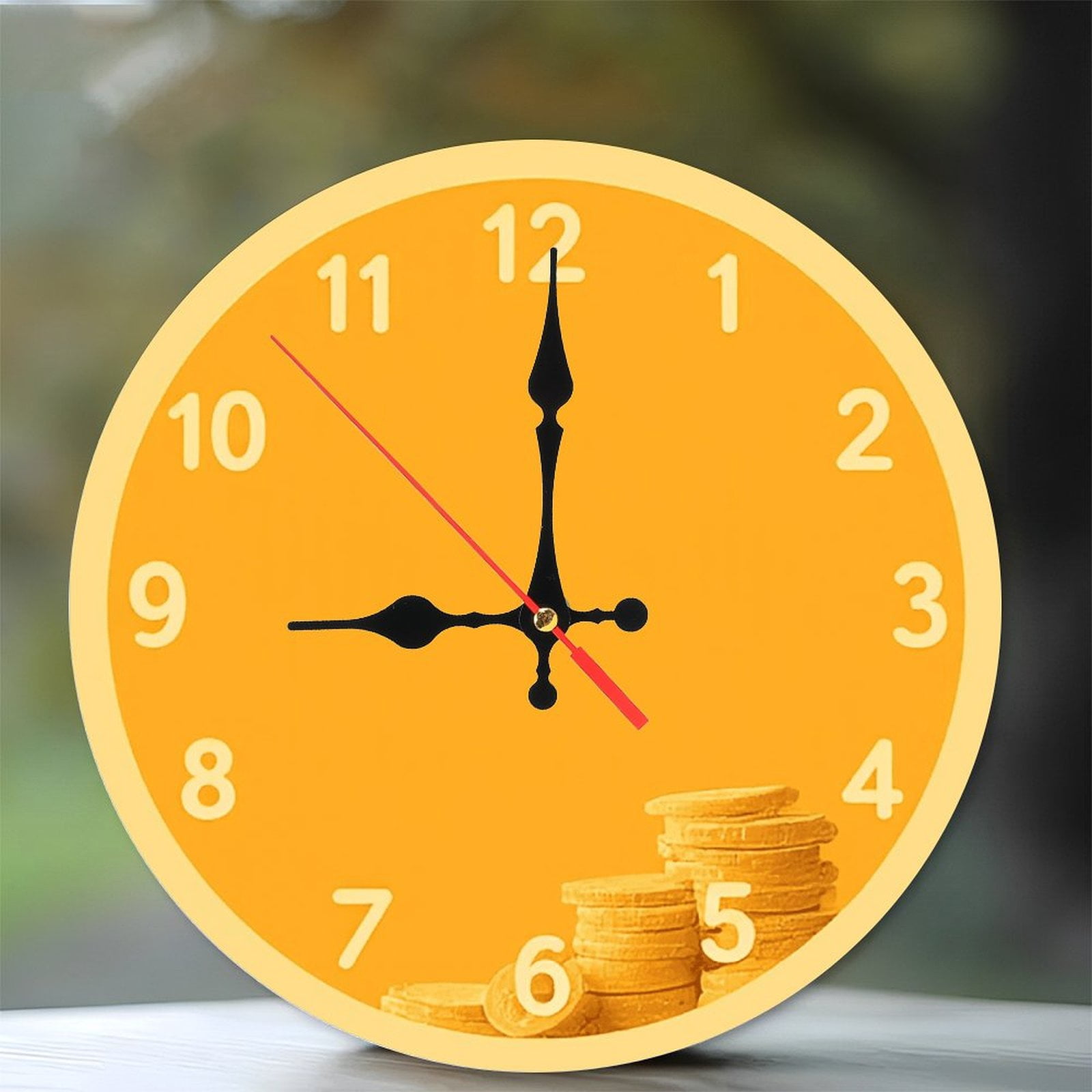 Yellow Clock Gold Coins Time Money Savings Decor 10-Inch Silent Wooden ...