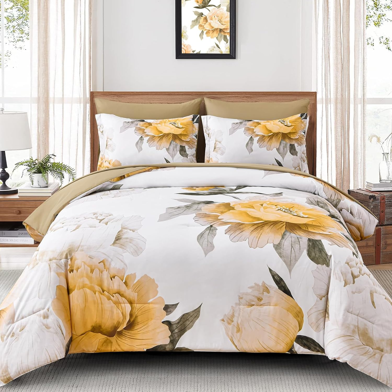 Yellow Comforter Set Queen Size 7 Piece Bed in a Bag, Yellow Floral ...