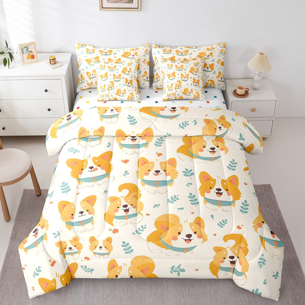 Yellow Corgi King Bedding Set 7 Pieces Cartoon Dog Themed Comforter Set ...