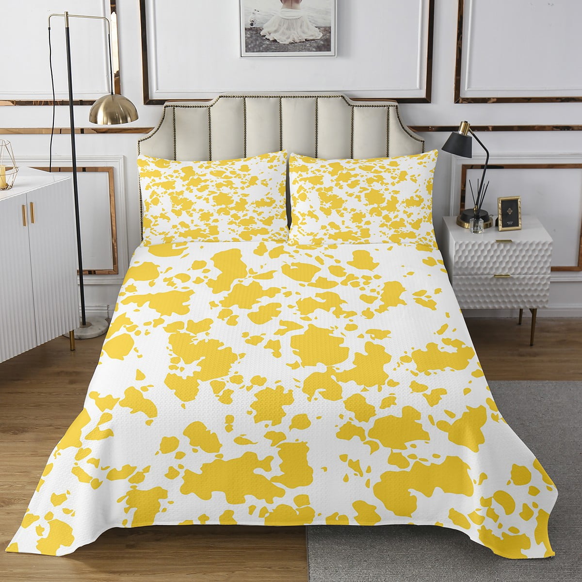 Yellow Cowhide Bedspread Set Cartoon Cow Print Quilt Set King,Farmhouse ...