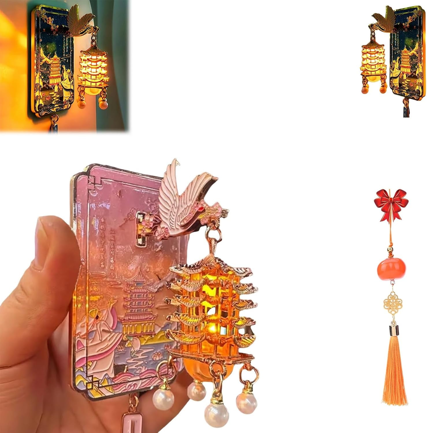 Yellow Crane Tower Luminous Lantern Refrigerator Magnet, Metal 3D Crane ...