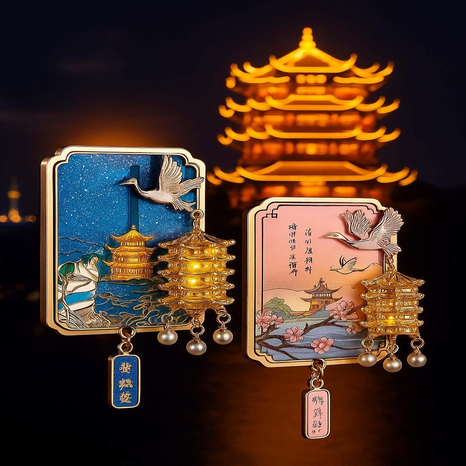 Yellow Crane Tower Luminous Lantern Refrigerator Magnet,Pink Crane ...