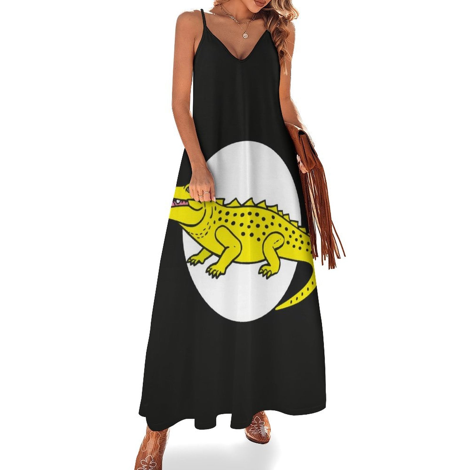Yellow Crocodile Illustration Sleeveless Dress Prom Dress Dresses Women ...
